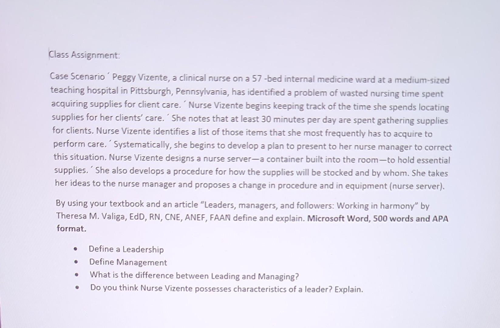Solved Class Assignment: Case Scenario ' Peggy Vizente, a | Chegg.com