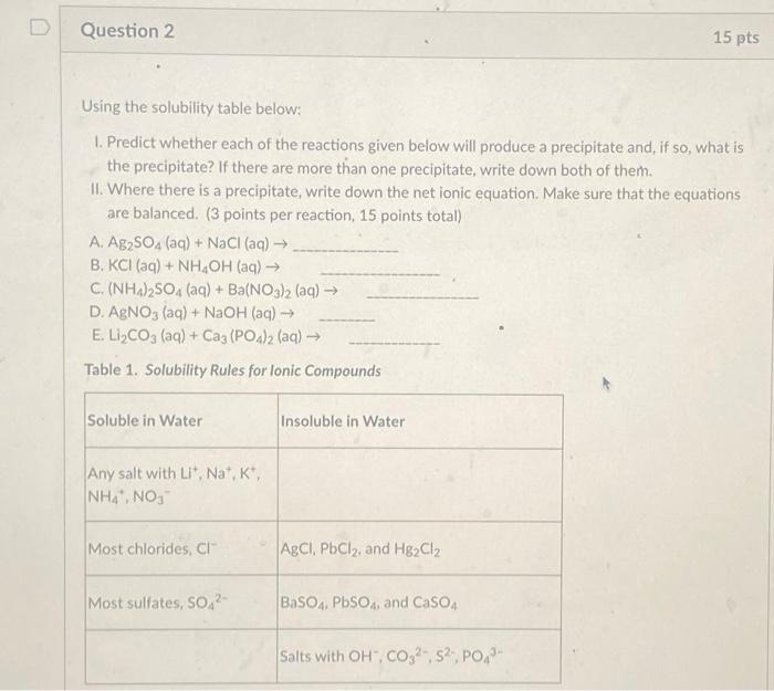 Solved D Question 2 Using the solubility table below: 1. | Chegg.com