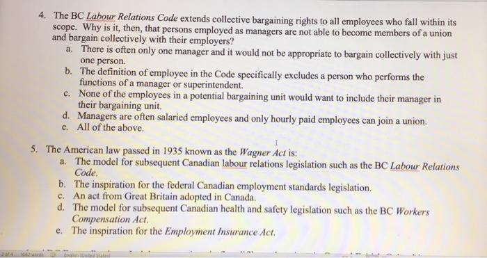 Solved 4. The BC Labour Relations Code extends collective | Chegg.com