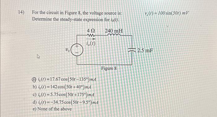 Solved 14) For the circuit in Figure 8, the voltage source | Chegg.com