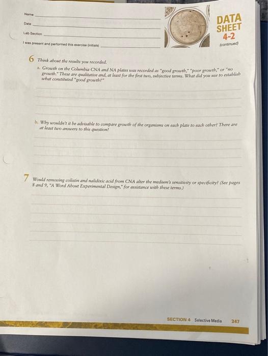 Solved Name Date Lab Section DATA SHEET I was present and | Chegg.com