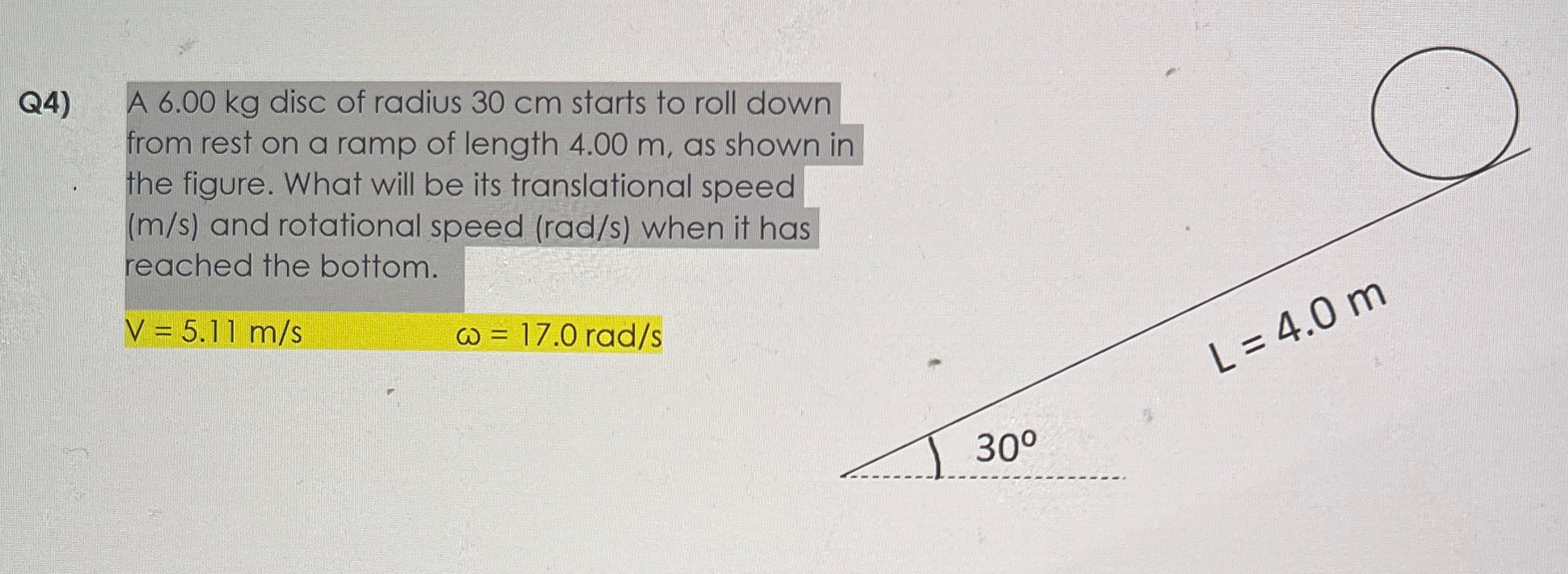 Solved Q4) ﻿A 6.00kg ﻿disc of radius 30cm ﻿starts to roll | Chegg.com
