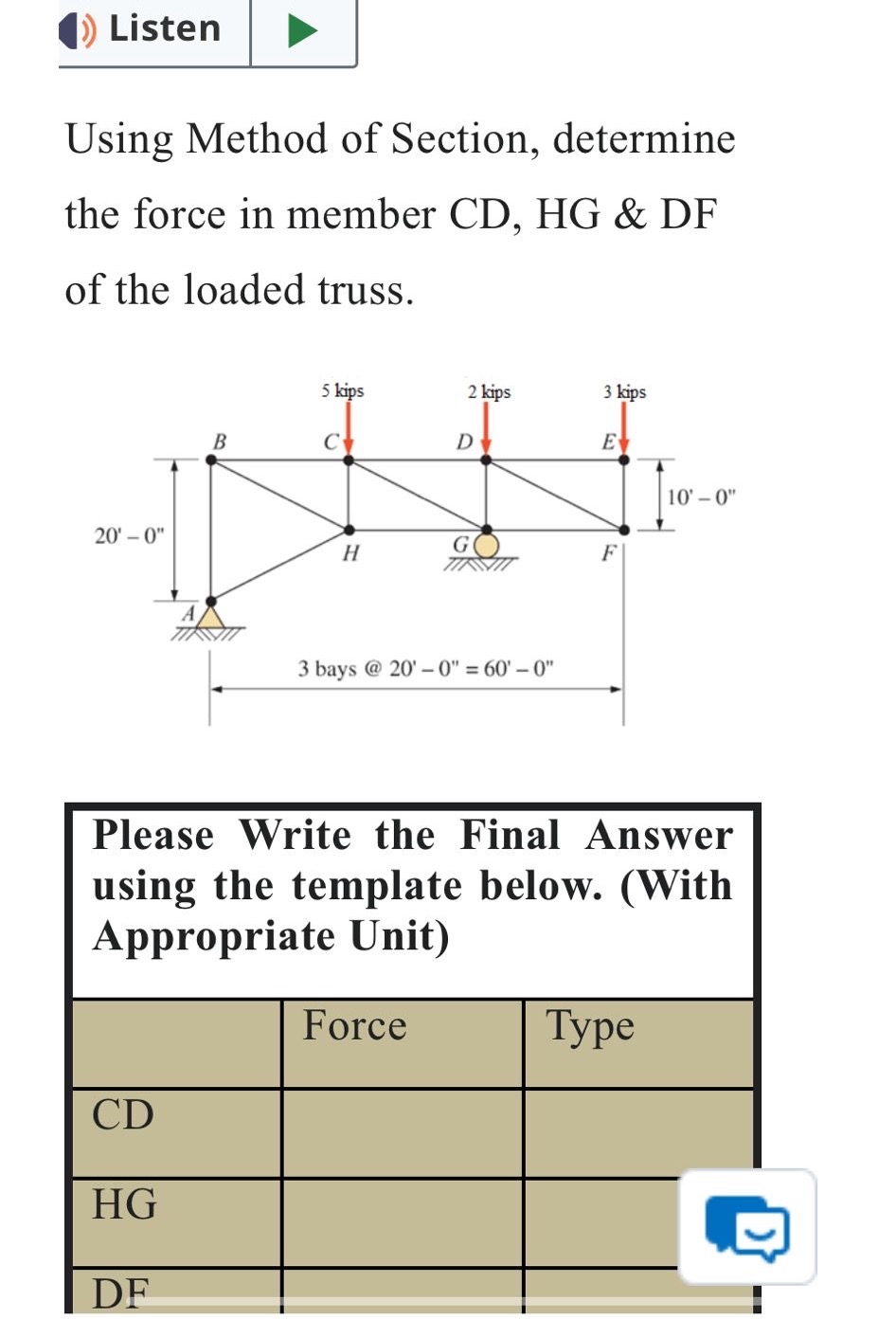 ListenUsing Method of Section, determine the force in | Chegg.com