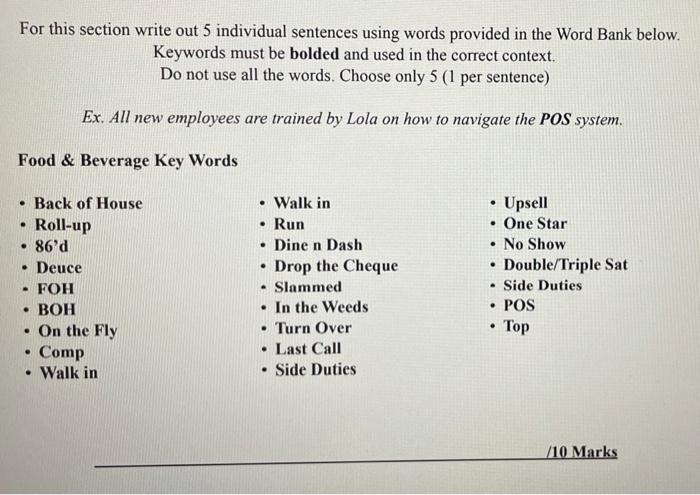 Solved For this section write out 5 individual sentences | Chegg.com
