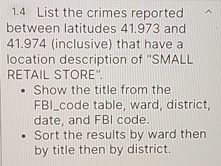 Solved 1.4 ﻿List the crimes reported between latitudes | Chegg.com