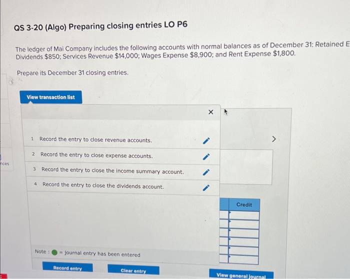 Solved QS 3-20 (Algo) Preparing closing entries LO P6 The | Chegg.com