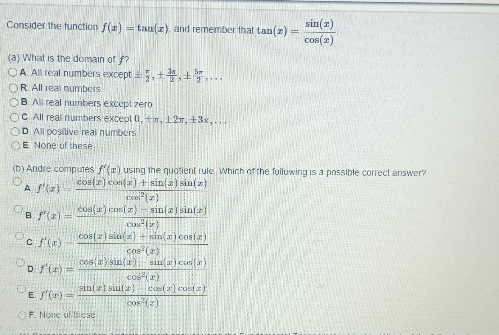 Solved A. f′(x)=cos2(x)1 B. f′(x)=cos2(x)cos(2x)sin(2x) C. | Chegg.com