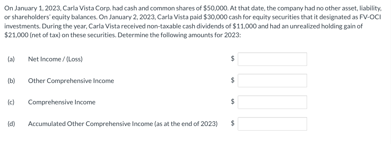 Solved On January 1, 2023, ﻿Carla Vista Corp. had cash and | Chegg.com