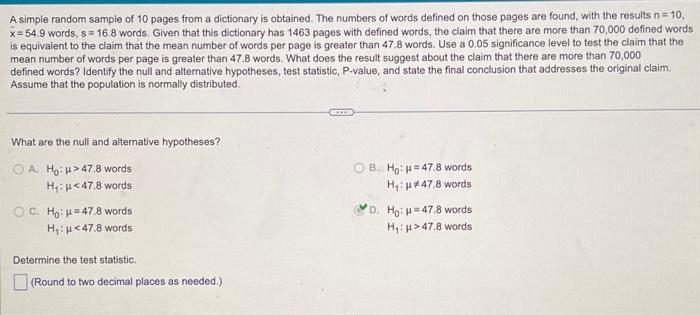 Solved A simple random sample of 10 pages from a dictionary | Chegg.com