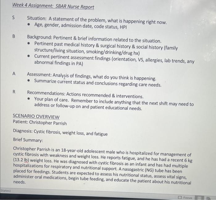 Solved Week 4 Assignment: SBAR Nurse Report S Situation: A | Chegg.com