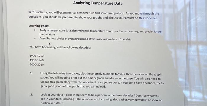 Analyzing Temperature Data In this activity, you will | Chegg.com