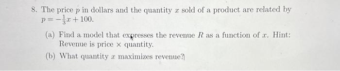 Solved The price \\( p \\) in dollars and the quantity \\( x | Chegg.com