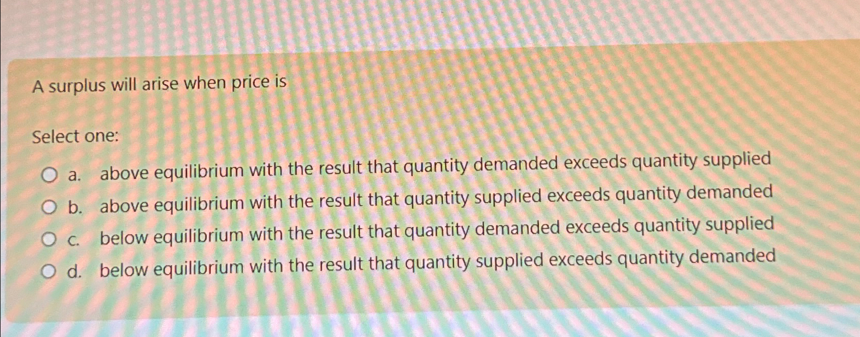 Solved A surplus will arise when price isSelect one:a. | Chegg.com