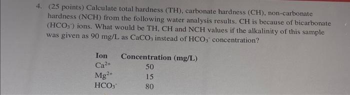 Solved 4. (25 points) Calculate total hardness (TH), | Chegg.com