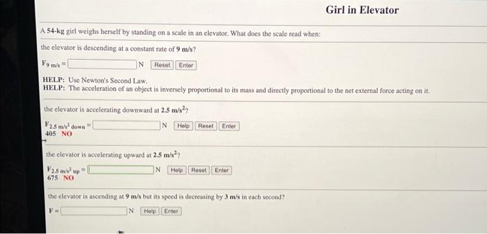 Solved Girl in Elevator A 54 kg girl weighs herself by | Chegg.com