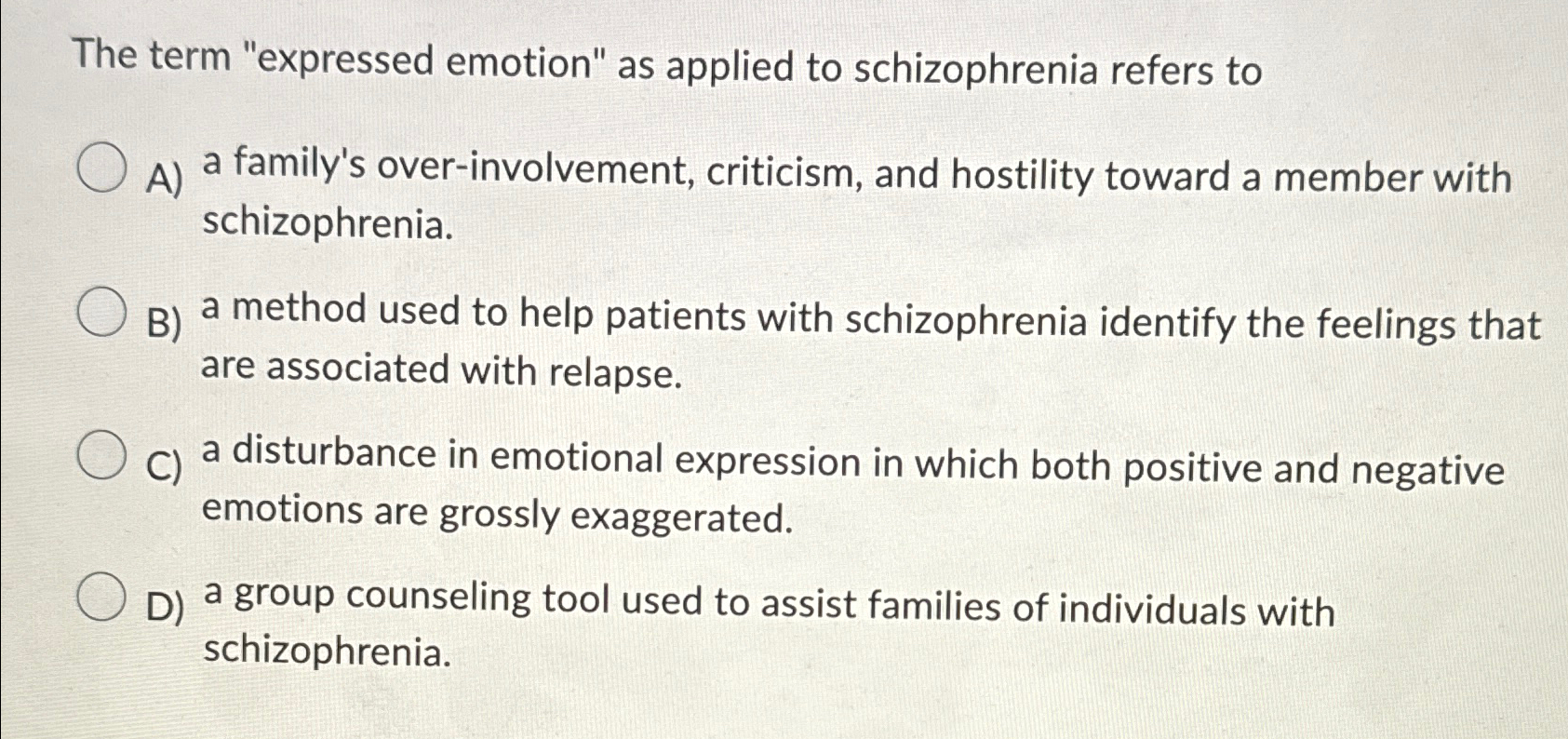 Solved The term "expressed emotion" as applied to | Chegg.com