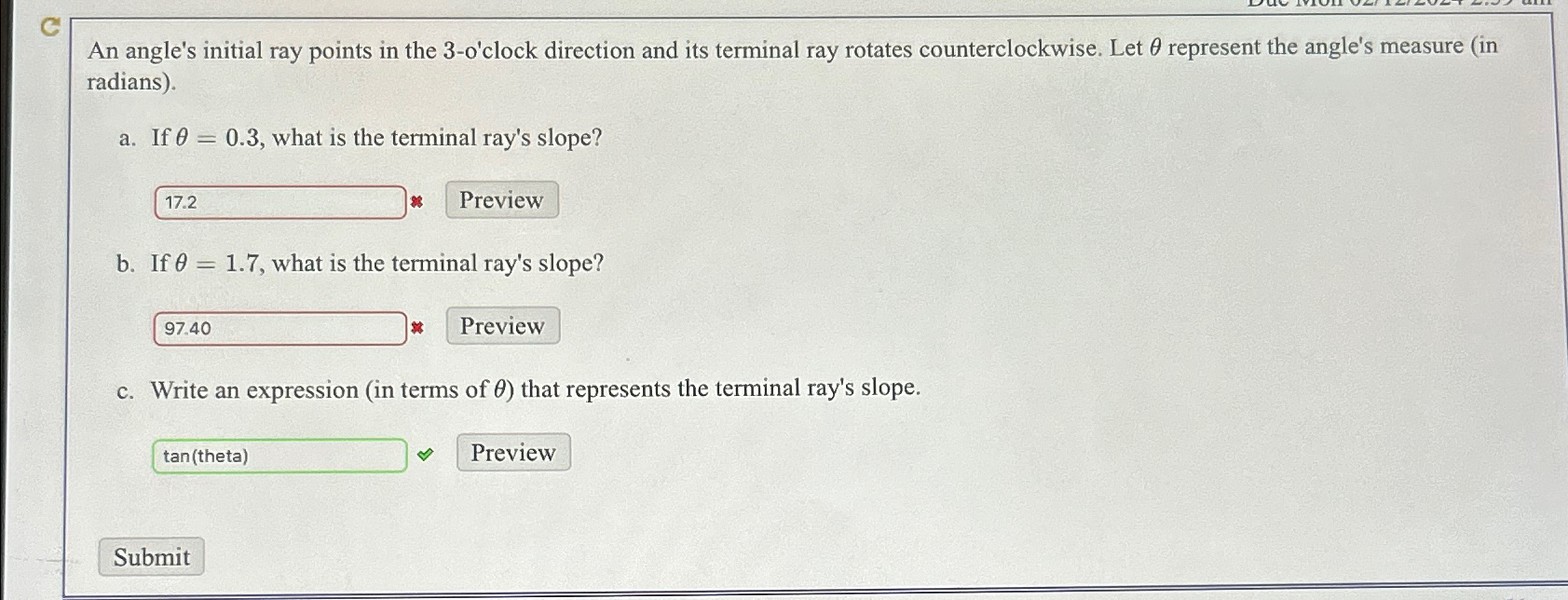 Solved An angle's initial ray points in the 3 -o'clock | Chegg.com