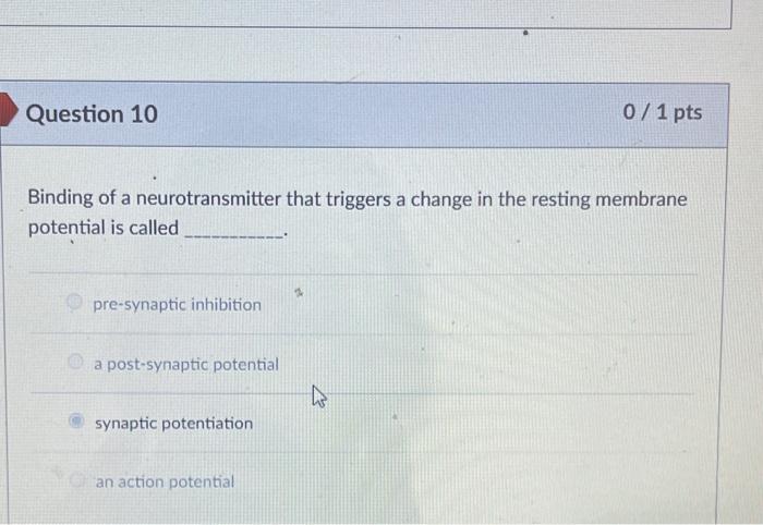 Solved Question 10 0 / 1 pts Binding of a neurotransmitter | Chegg.com