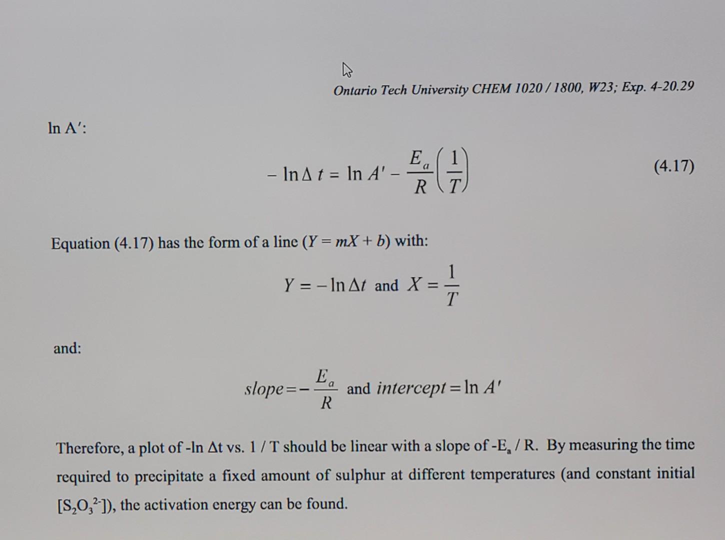 Solved 3. Plot -ln Δt (y-axis) vs. 1/T (x-axis) and use | Chegg.com