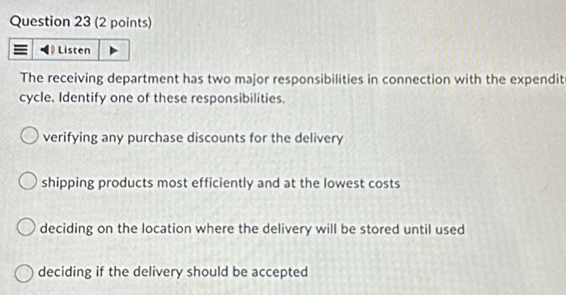 Solved Question 23 (2 ﻿points) The receiving department has | Chegg.com