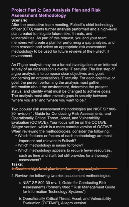 Solved Project Part 2: Gap Analysis Plan and Risk Assessment | Chegg.com