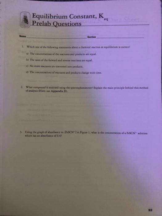 Solved Equilibrium Constant, K Prelab Questions eq Name | Chegg.com