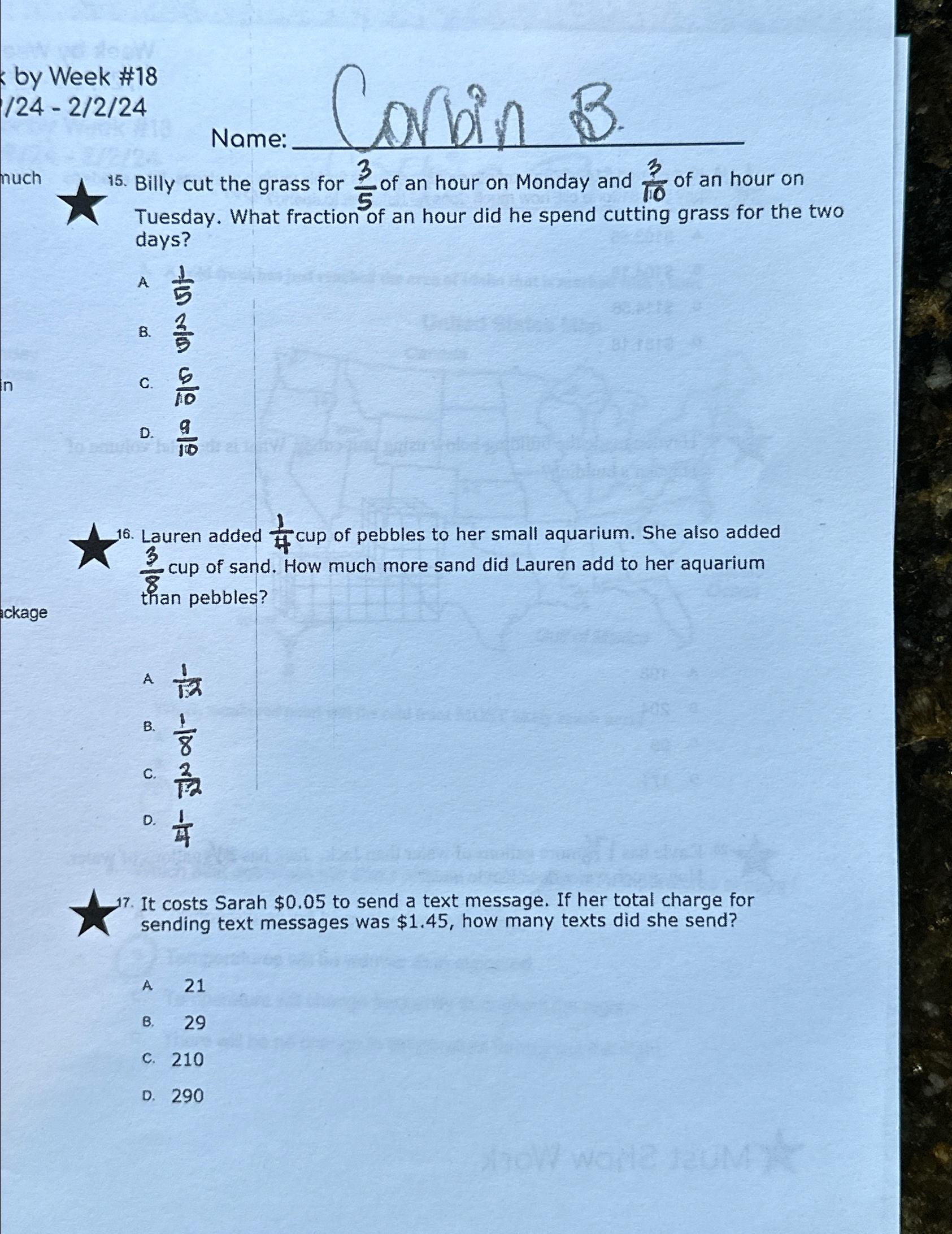 Solved Name:15. ﻿Billy cut the grass for 35 ﻿of an hour on | Chegg.com