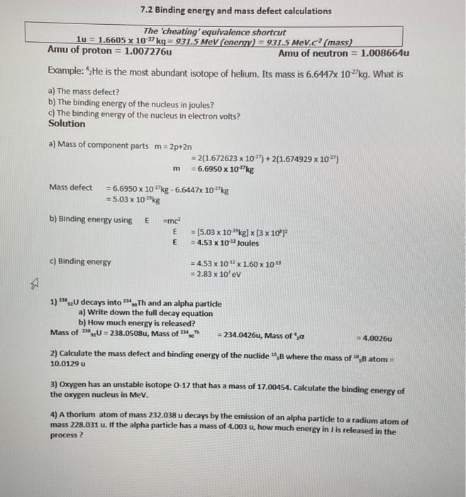 Solved 7.2 Binding energy and mass defect calculations The | Chegg.com
