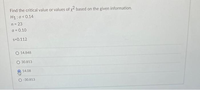 Solved Find the critical value or values of x2 based on the | Chegg.com