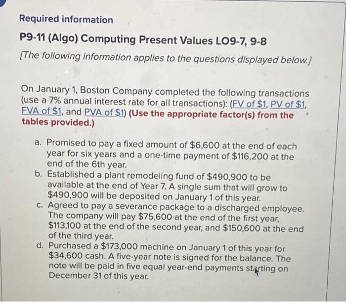 Solved Required information P9-11 (Algo) Computing Present | Chegg.com