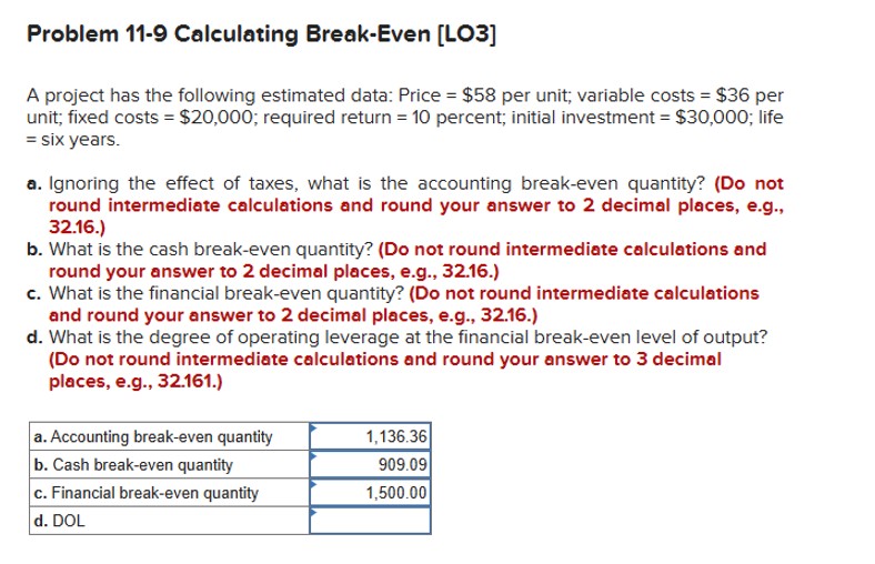 Solved Problem 11-9 ﻿Calculating Break-Even [LO3]A project | Chegg.com