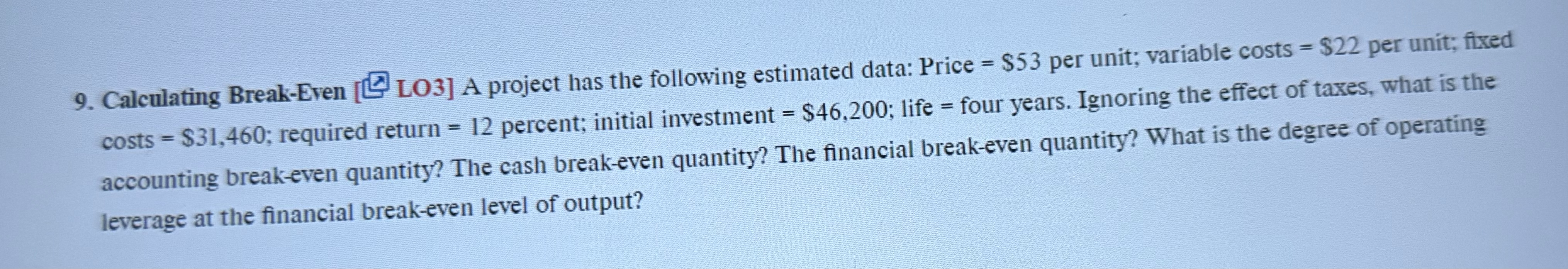 Solved Calculating Break-Even [ ﻿LO3] ﻿A project has the | Chegg.com