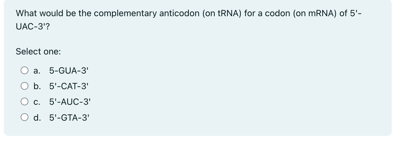 Solved What would be the complementary anticodon (on tRNA) | Chegg.com