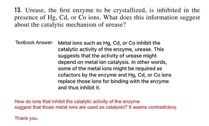 Solved 13. Urease, the first enzyme to be crystallized, is | Chegg.com