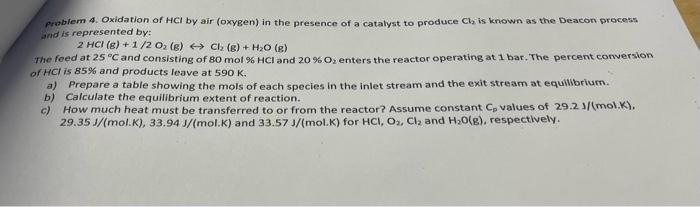 Solved problem 4. Oxidation of HCl by air (oxygen) in the | Chegg.com