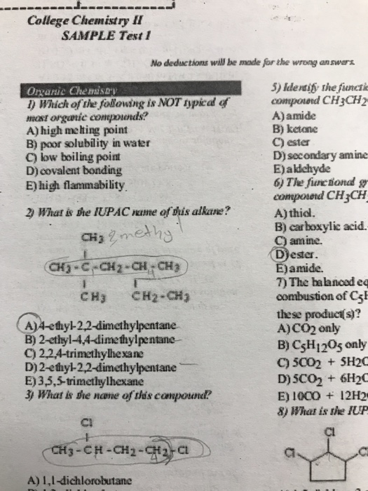 Solved College Chemistry II SAMPLE Test 1 No deductions will | Chegg.com