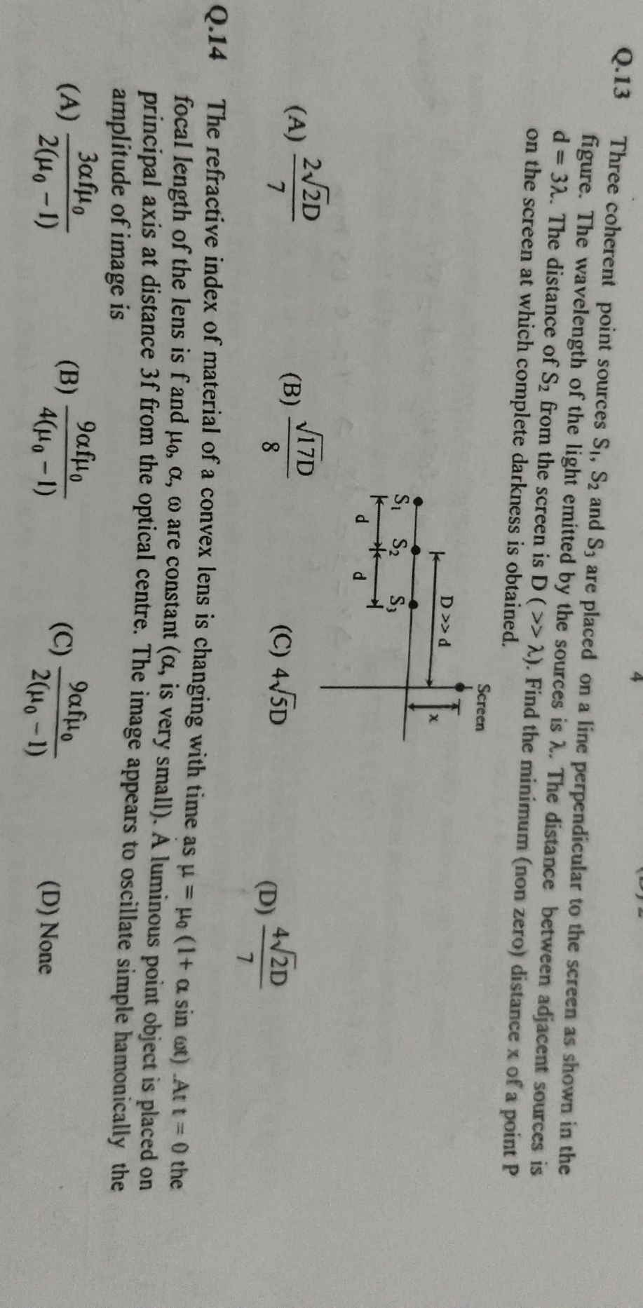 Solved Q. 13 ﻿Three coherent point sources S1,S2 ﻿and S3 | Chegg.com