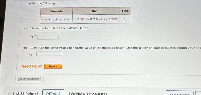 Solved Consider the following. 1 (a) Solve the formula for | Chegg.com