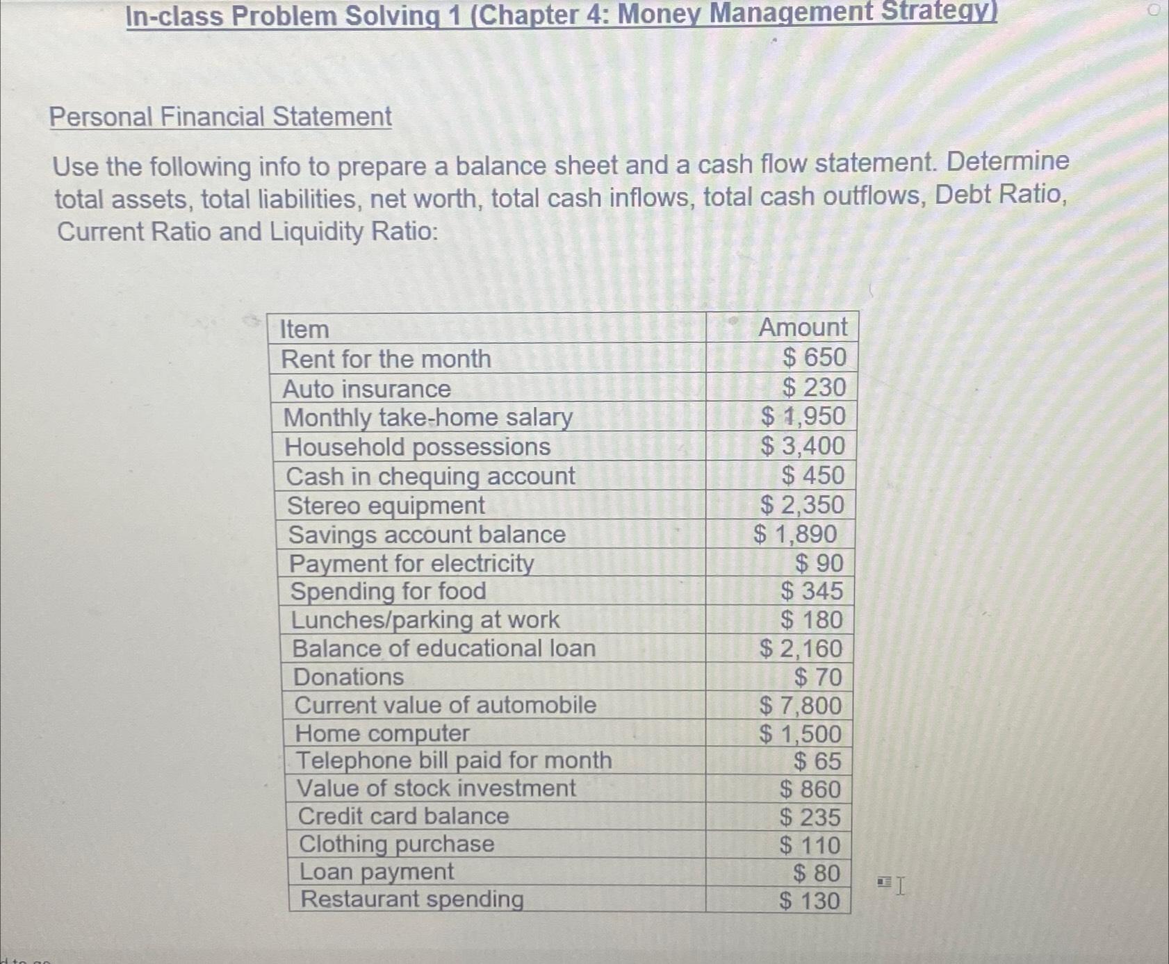 Solved In-class Problem Solving 1 (Chapter 4: Money | Chegg.com