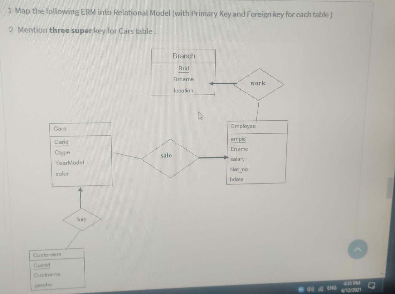 Solved 1-Map the following ERM into Relational Model (with | Chegg.com