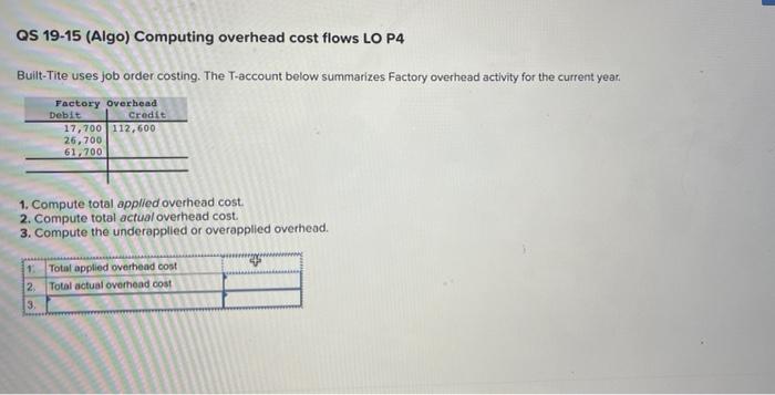 Solved QS 19-15 (Algo) Computing overhead cost flows LO P4 | Chegg.com