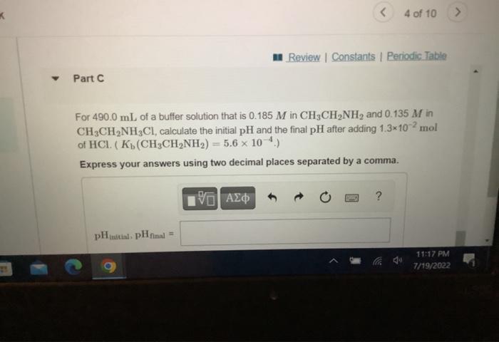 Solved For 490.0 mL of a buffer solution that is 0.185M in | Chegg.com