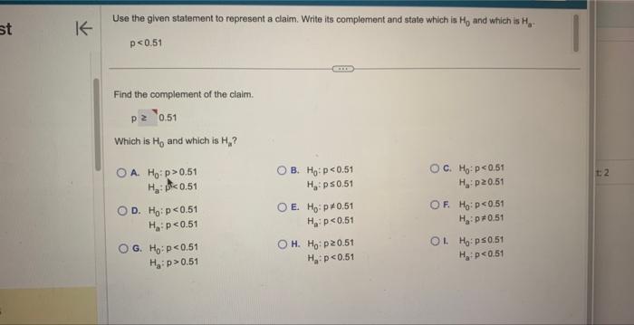 Solved Use the given statement to represent a claim. Write | Chegg.com