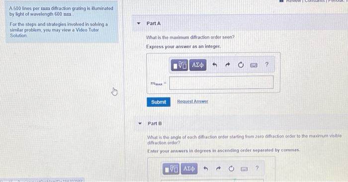 Solved FeLS A 500 lines per mm diffraction grating is | Chegg.com