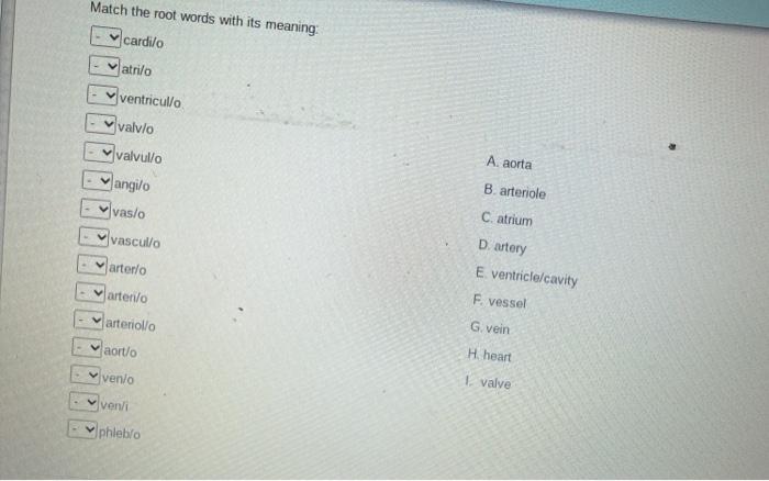 Match the root words with its meaning cardi/o atrilo | Chegg.com