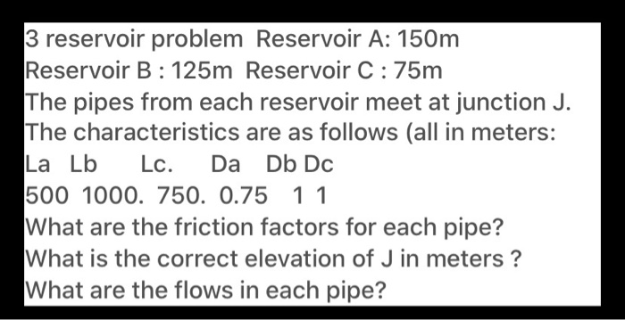 Solved 3 reservoir problem Reservoir A: 150m Reservoir B : | Chegg.com