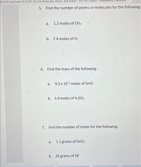 Solved ACTICE Download 10 CH151 CA L14 Molecules, Moles, and | Chegg.com