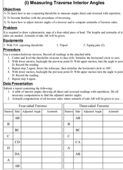 (1) Measuring Traverse Interior Angles Objectives D) | Chegg.com