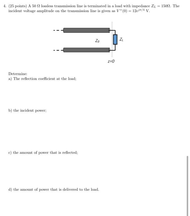 Solved 4. (25 points) A 50Ω lossless transmission line is | Chegg.com
