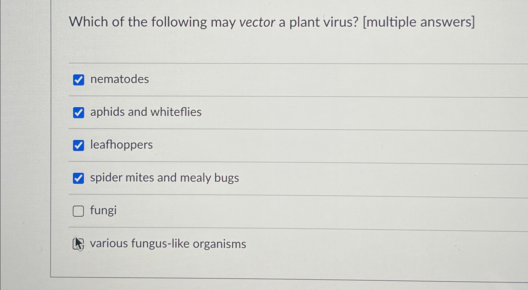 Solved Which of the following may vector a plant virus? | Chegg.com